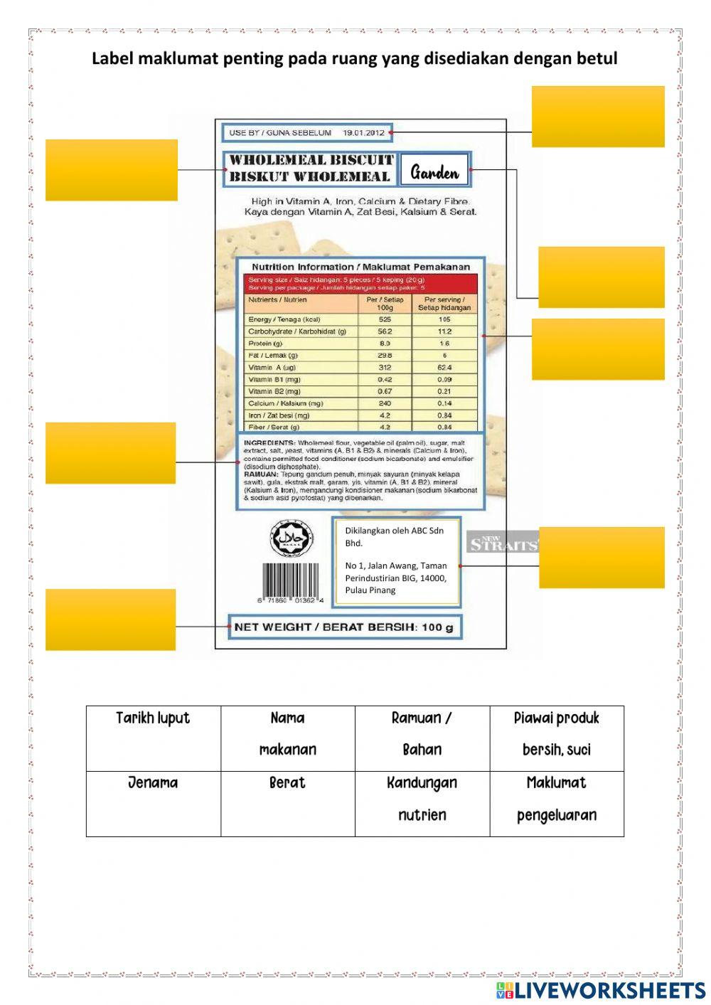 Kepentingan membaca label makanan worksheet | Live Worksheets