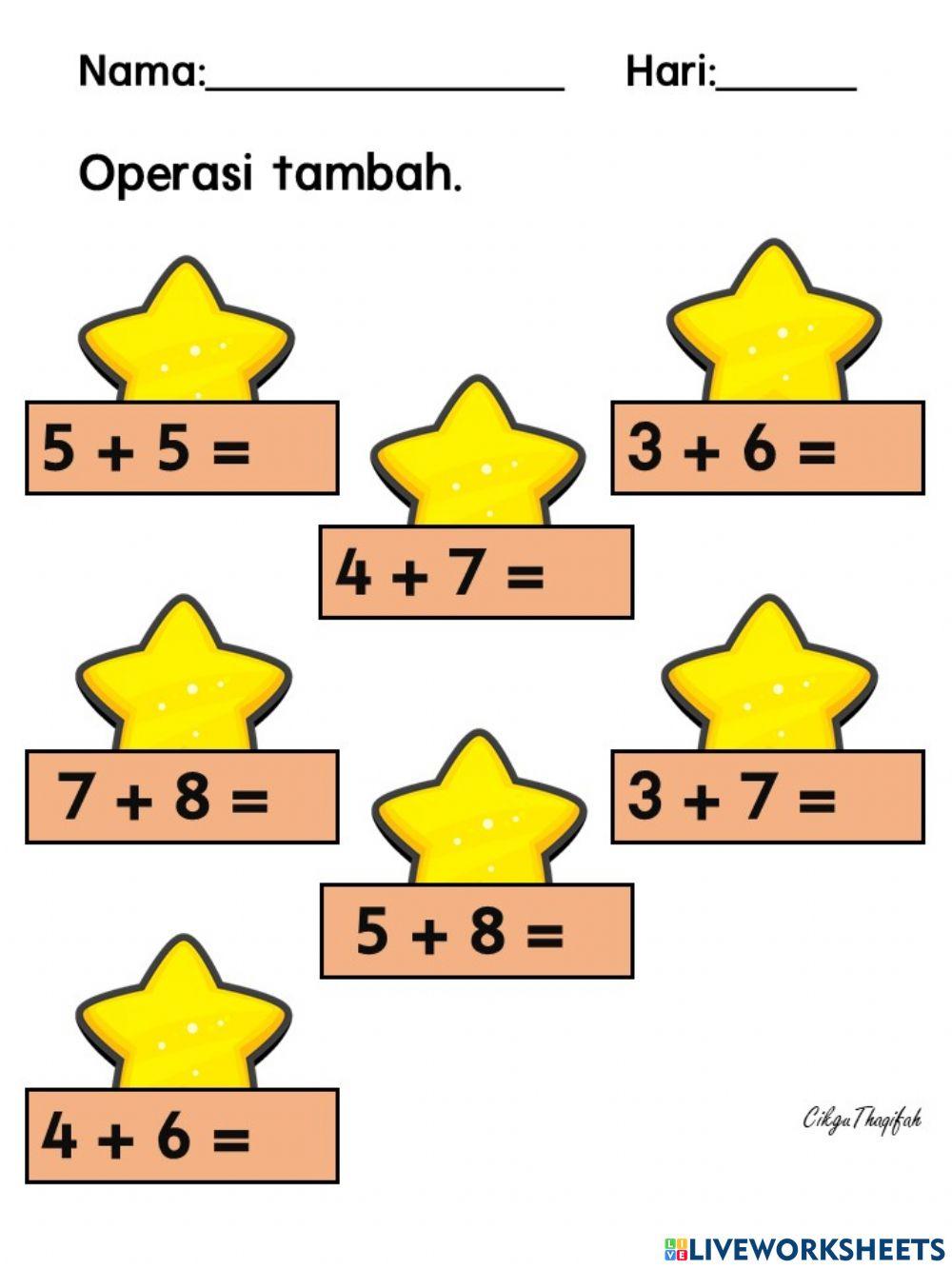 Operasi tambah interactive activity for PRASEKOLAH | Live Worksheets