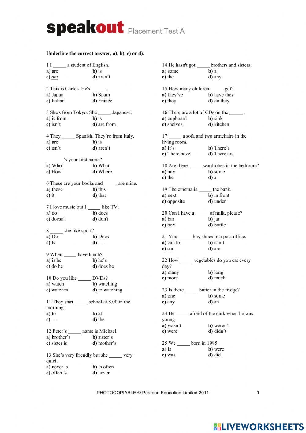 Speakout Placem… | Free Interactive Worksheets | 6656972