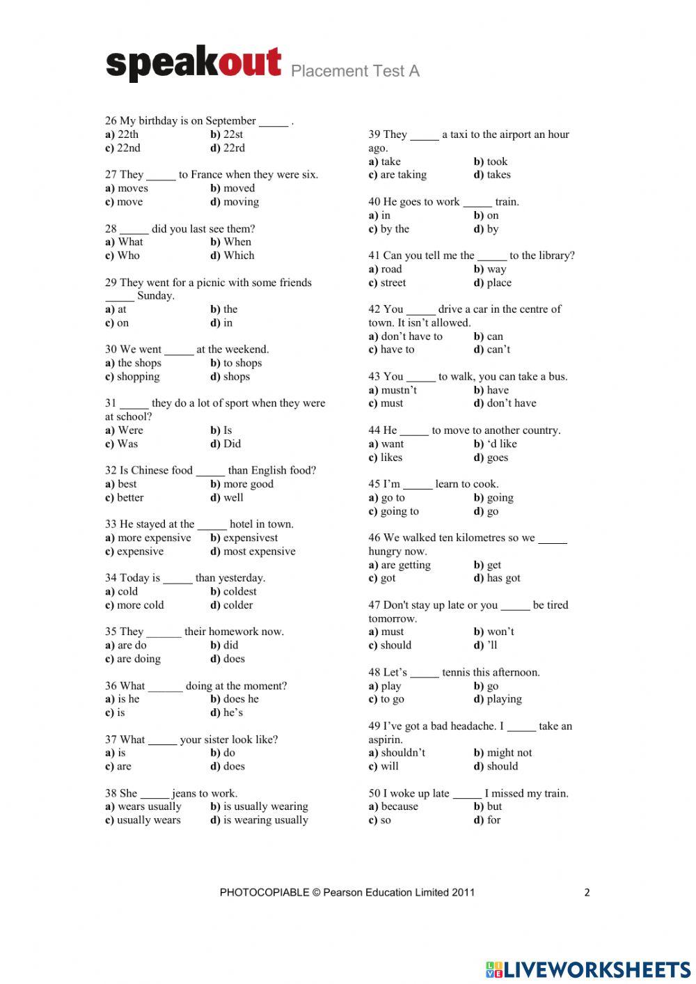 Speakout Placem… | Free Interactive Worksheets | 6656972