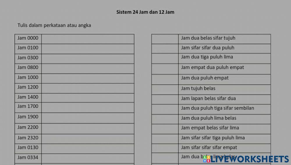 Menamakan sistem 24 jam worksheet | Live Worksheets