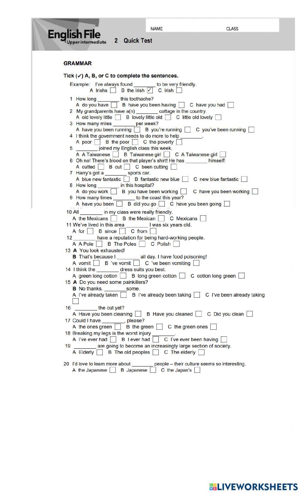 5th year quicktest UNIT 2 2021 worksheet | Live Worksheets