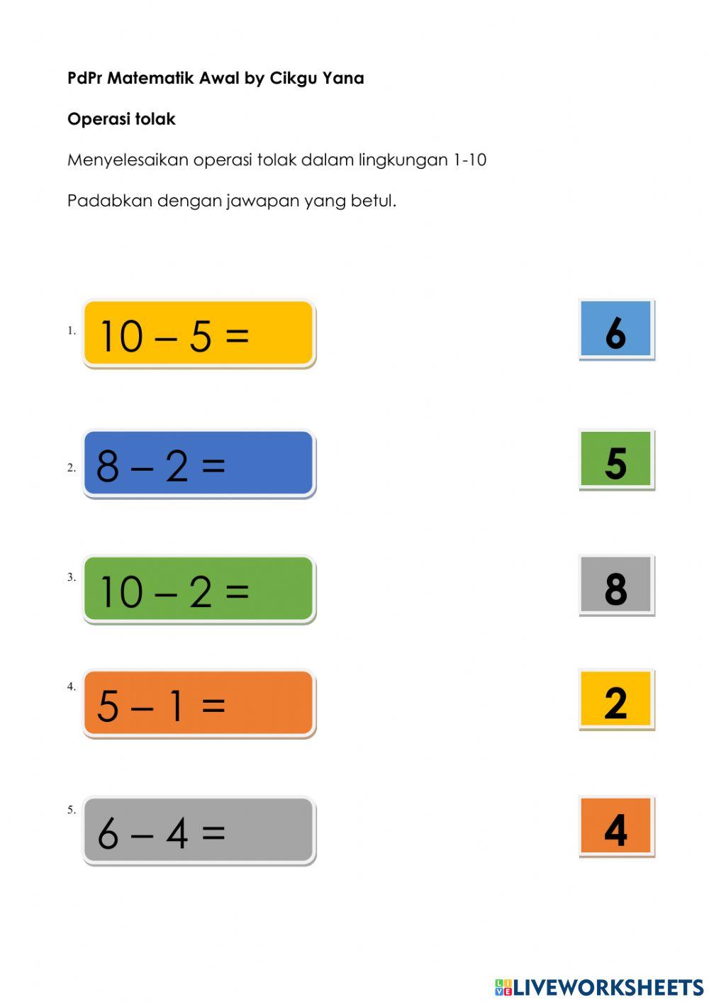 Operasi Tolak interactive worksheet for age 4,5 & 6 | Live Worksheets