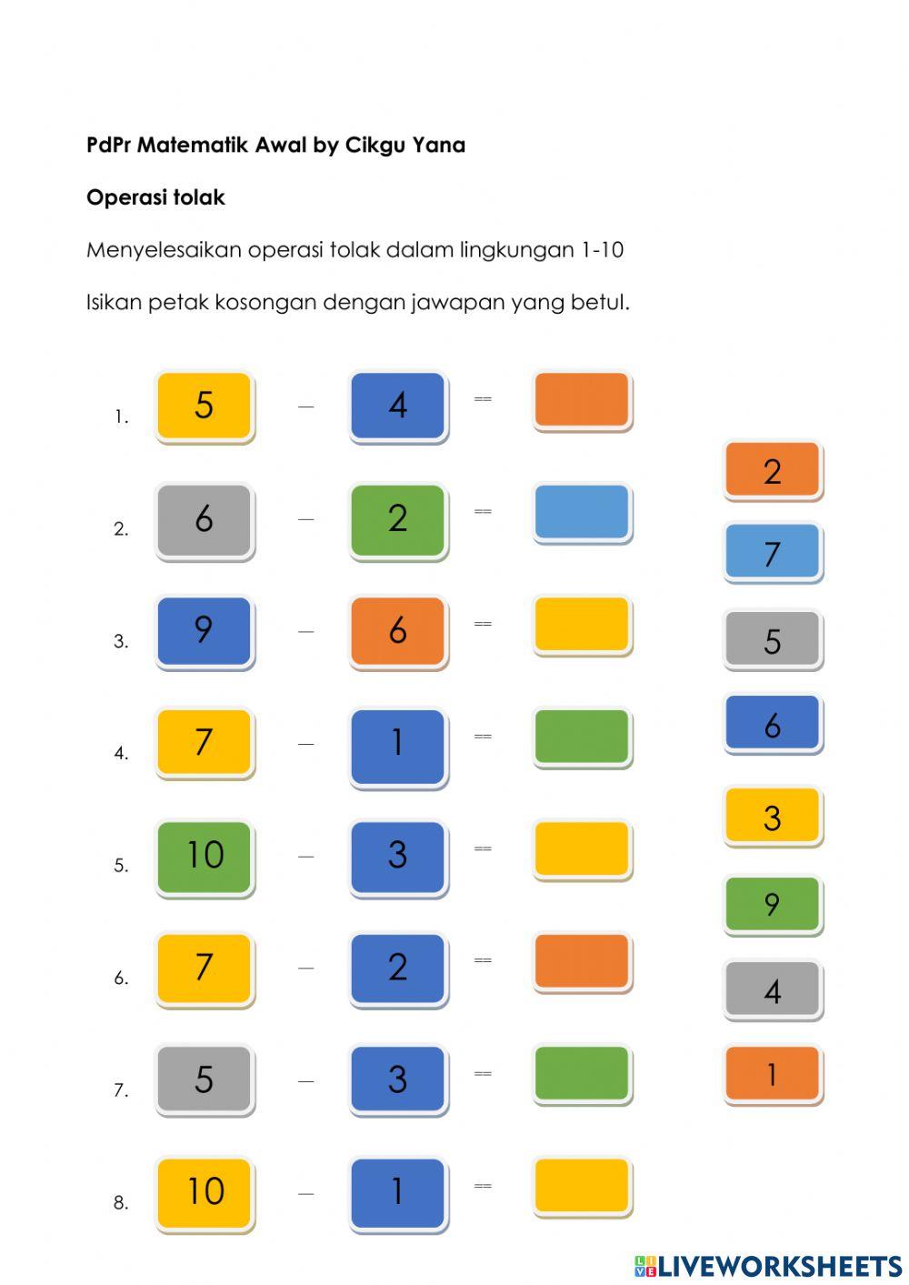 Operasi Tolak interactive worksheet for age 4,5 & 6 | Live Worksheets