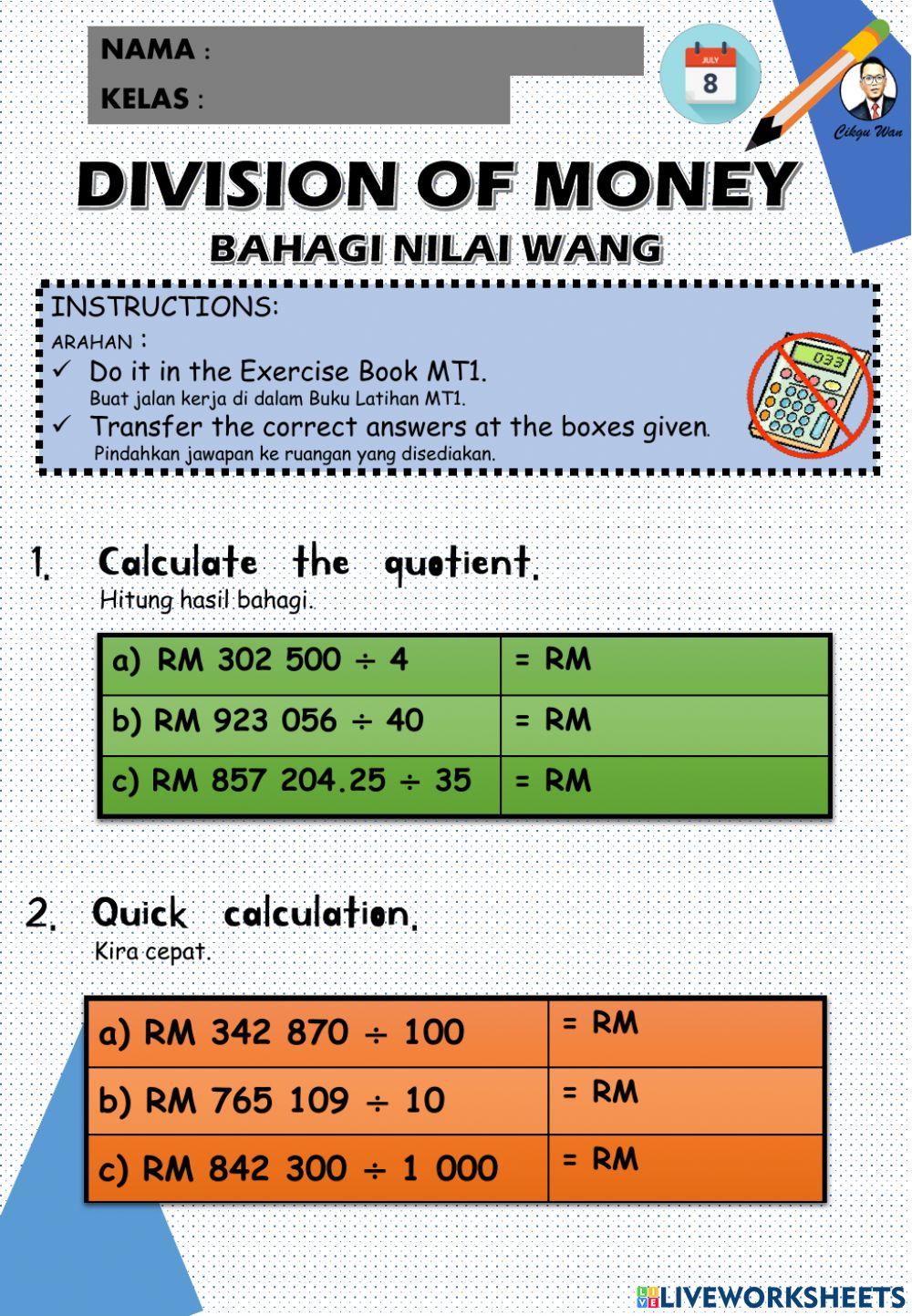 Latihan Bahagi Wang worksheet | Live Worksheets