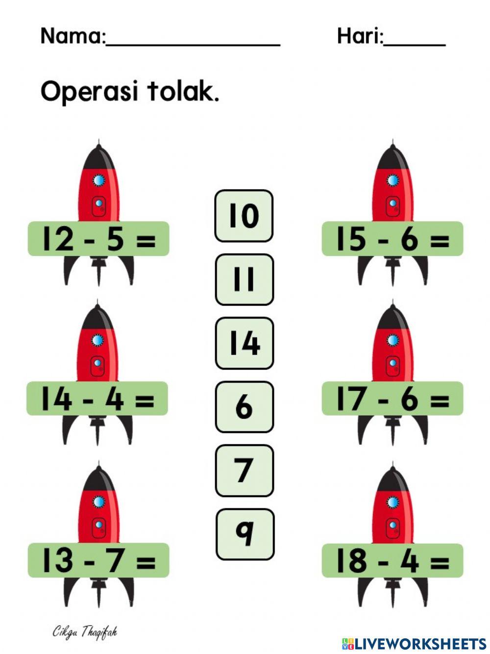 Operasi tolak interactive exercise for PRASEKOLAH | Live Worksheets
