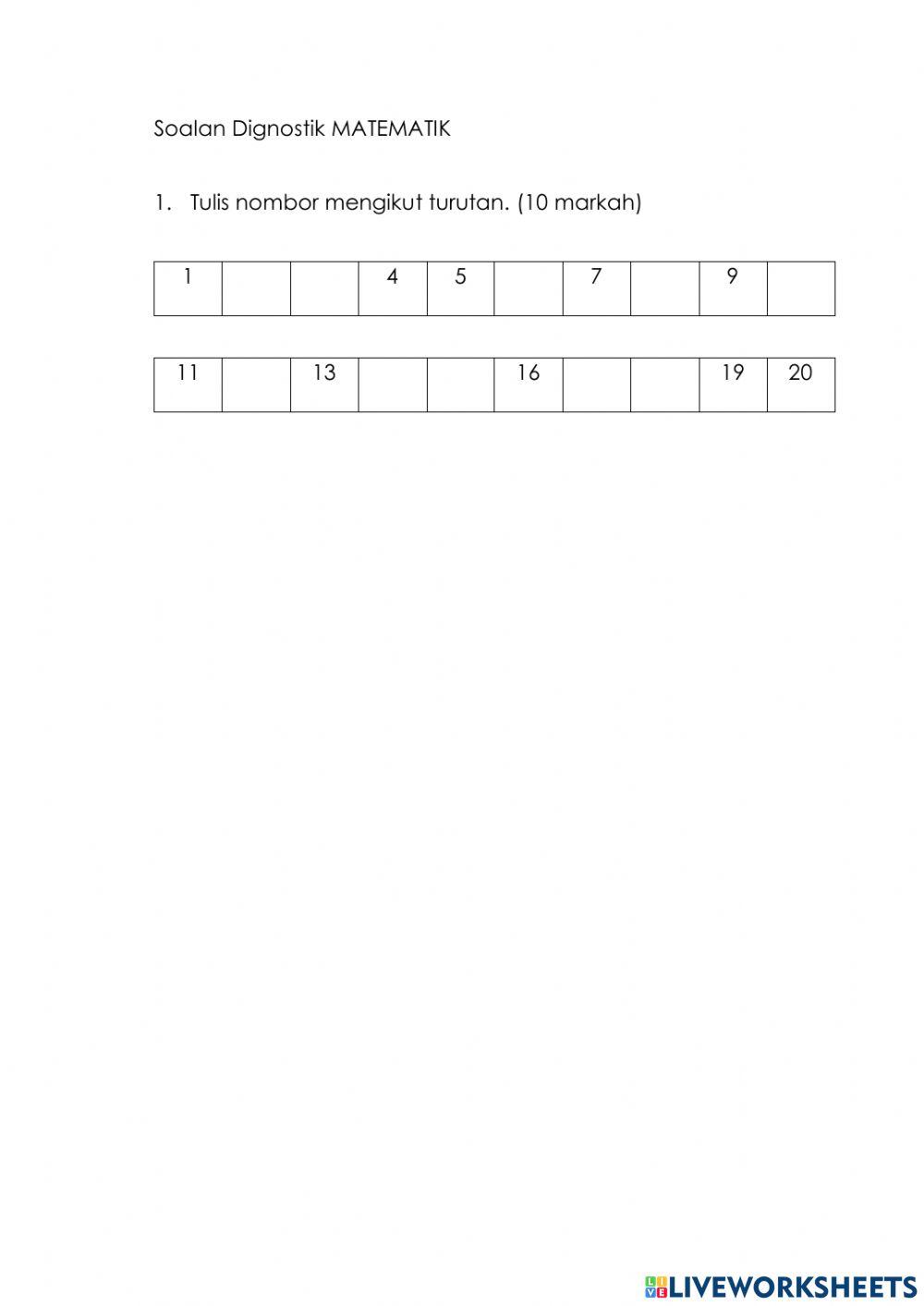 Matematik tahun 1 free online exercise | Live Worksheets