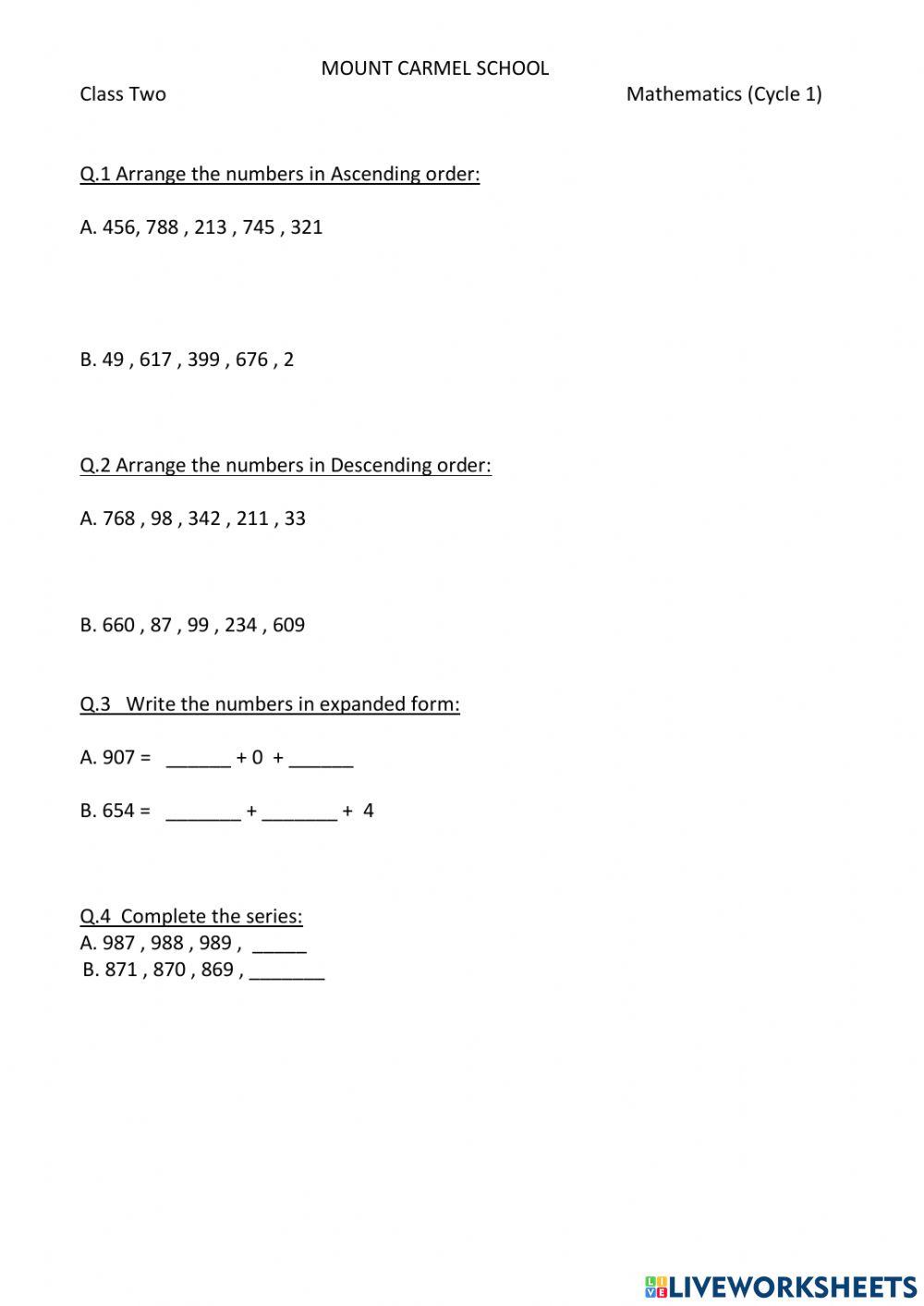 Math Assessment interactive exercise | Live Worksheets