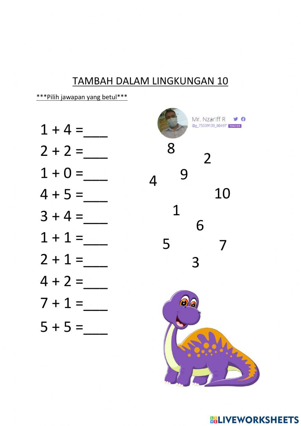 Tambah dalam lingkungan 10 online worksheet | Live Worksheets