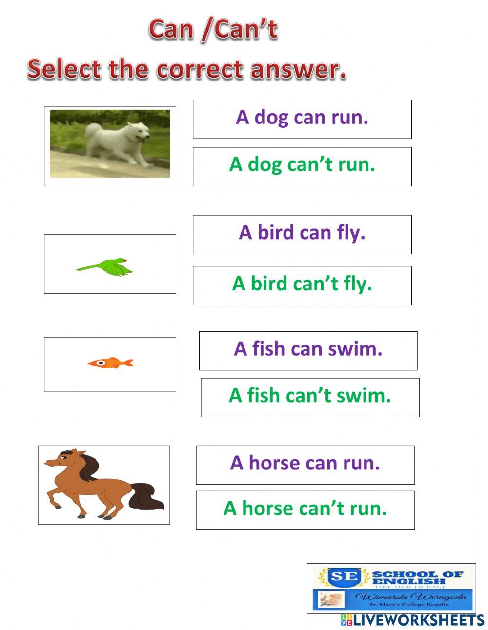 Can -Can't exercise | Live Worksheets