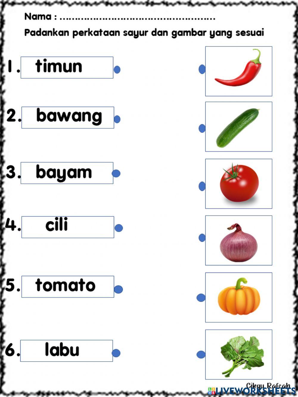 Sayur-sayuran online worksheet for Pra sekolah | Live Worksheets