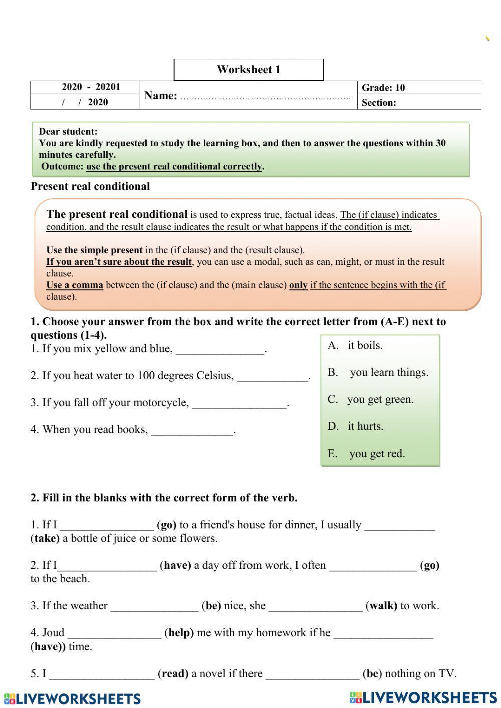 Real conditiona… | Free Interactive Worksheets | 1156173