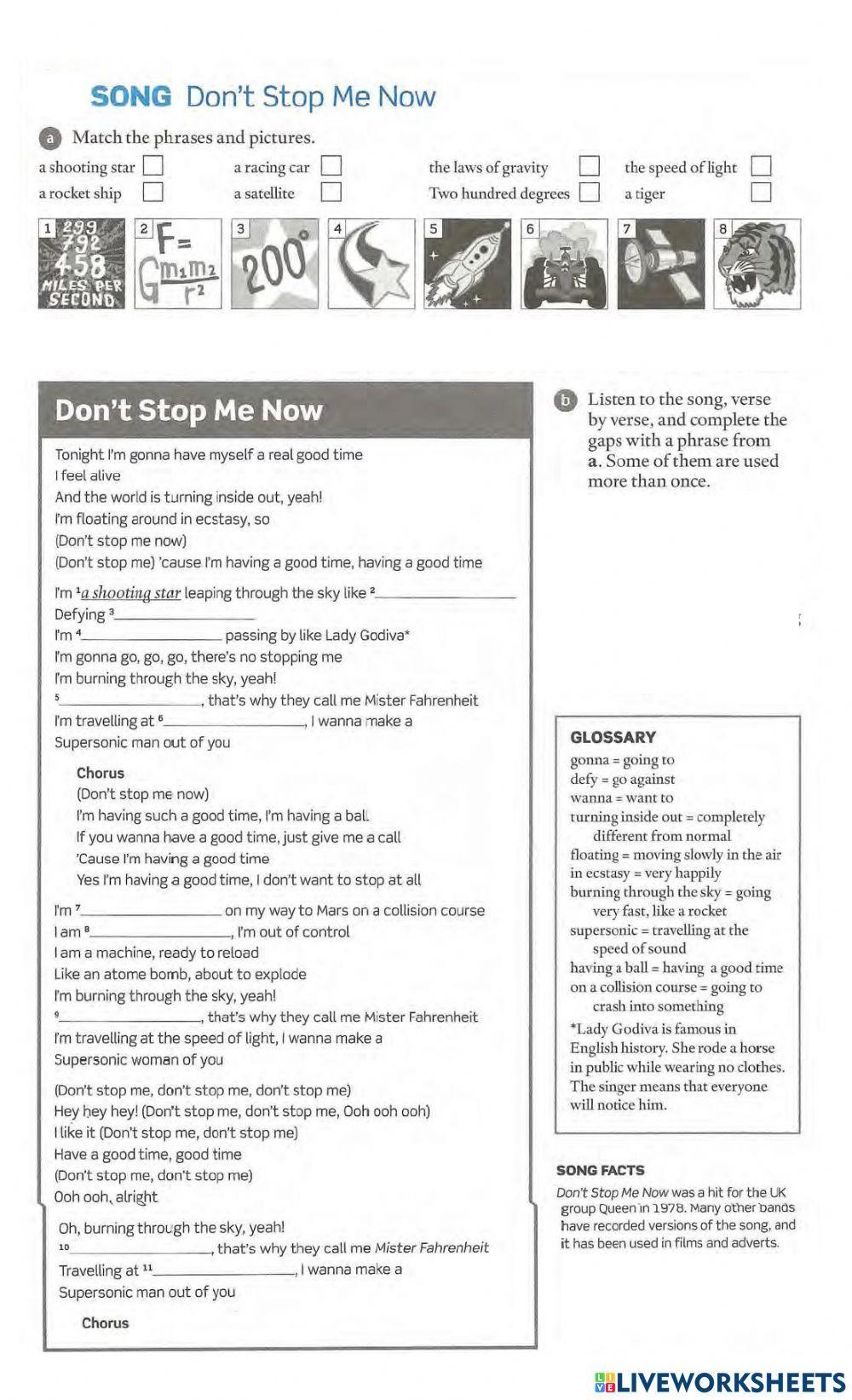 Song online exercise for pre-intermediate | Live Worksheets