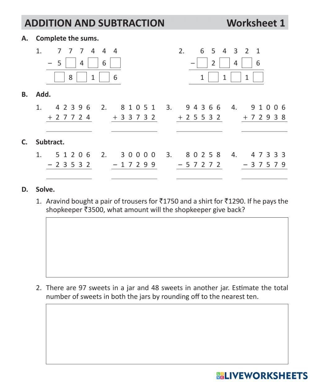 Addition and Subtraction Class 5 online exercise for | Live Worksheets