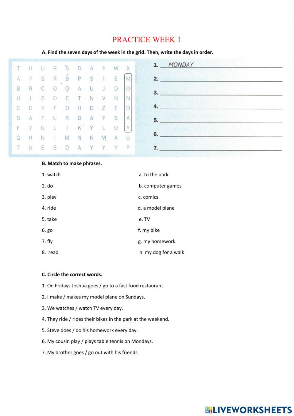 Week actvities worksheet | Live Worksheets