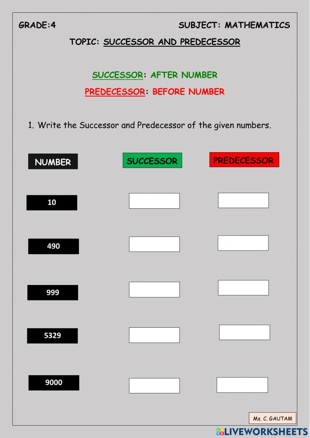 SUCCESSOR - PRE… | Free Interactive Worksheets | 1217243