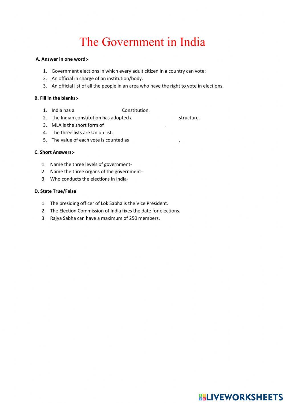 The Government in India interactive worksheet | Live Worksheets