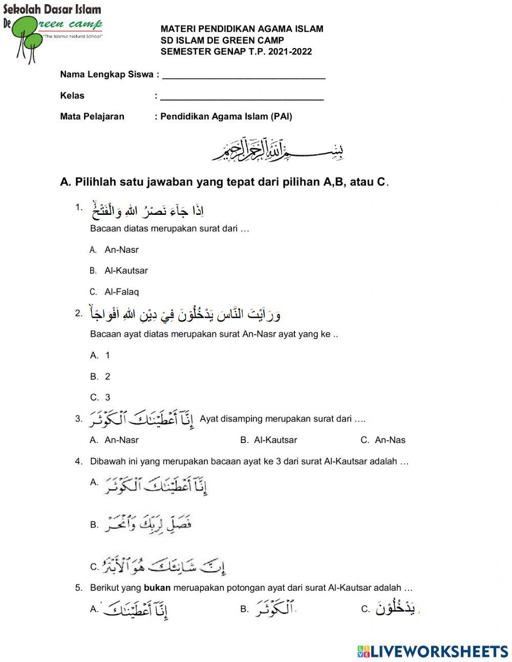 Surat Al Kautsar dan An Nasr worksheet | Live Worksheets