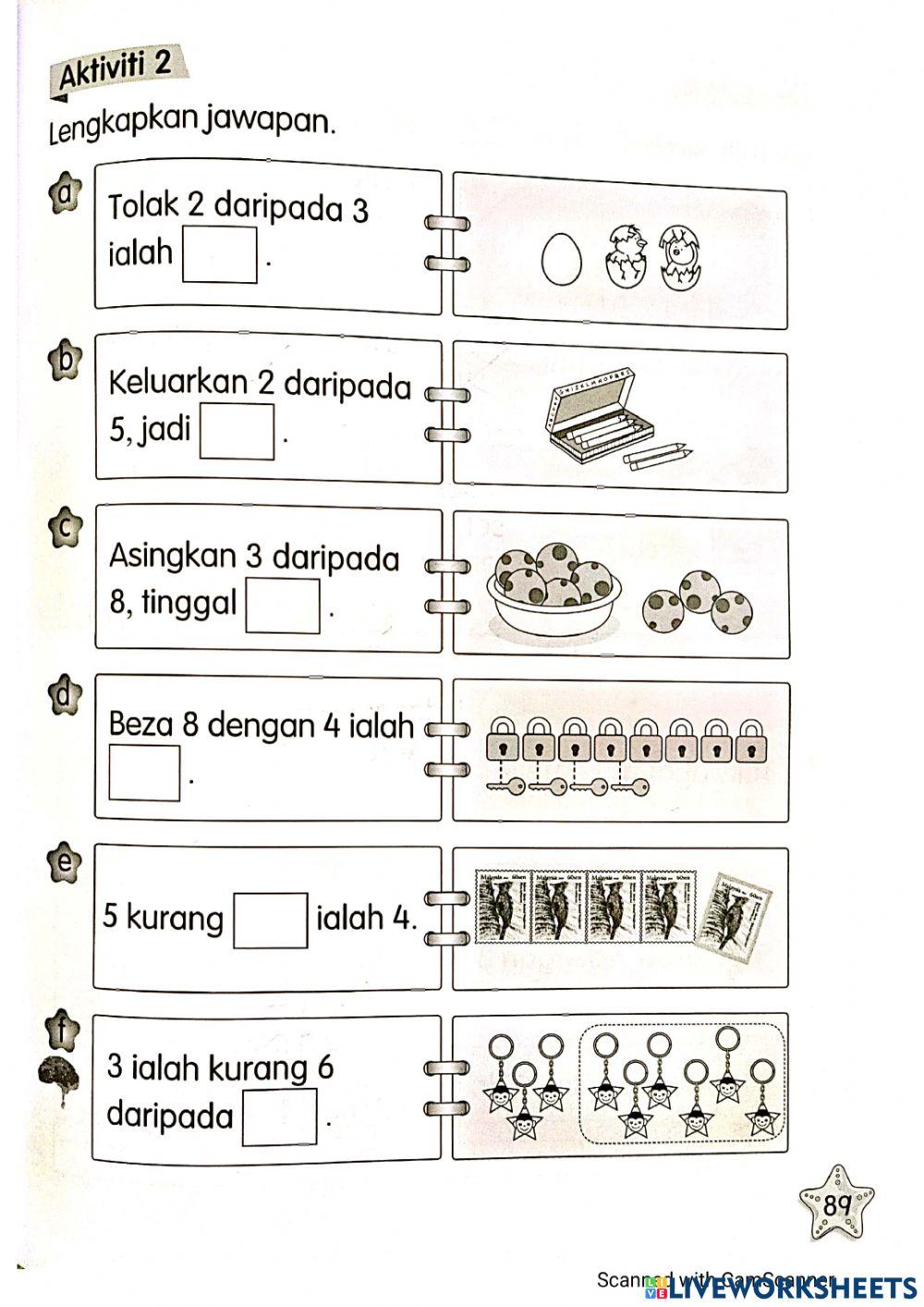 Kenali tolak (Matematik Tahun 1) worksheet | Live Worksheets