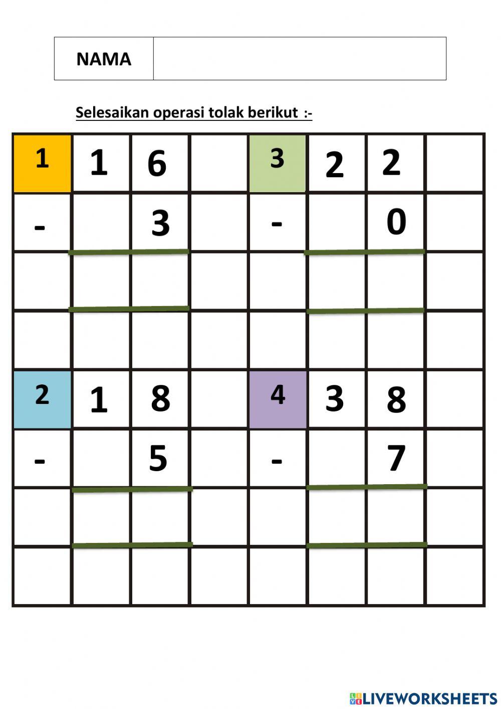 Operasi Tolak Tanpa Mengumpul Semula activity | Live Worksheets