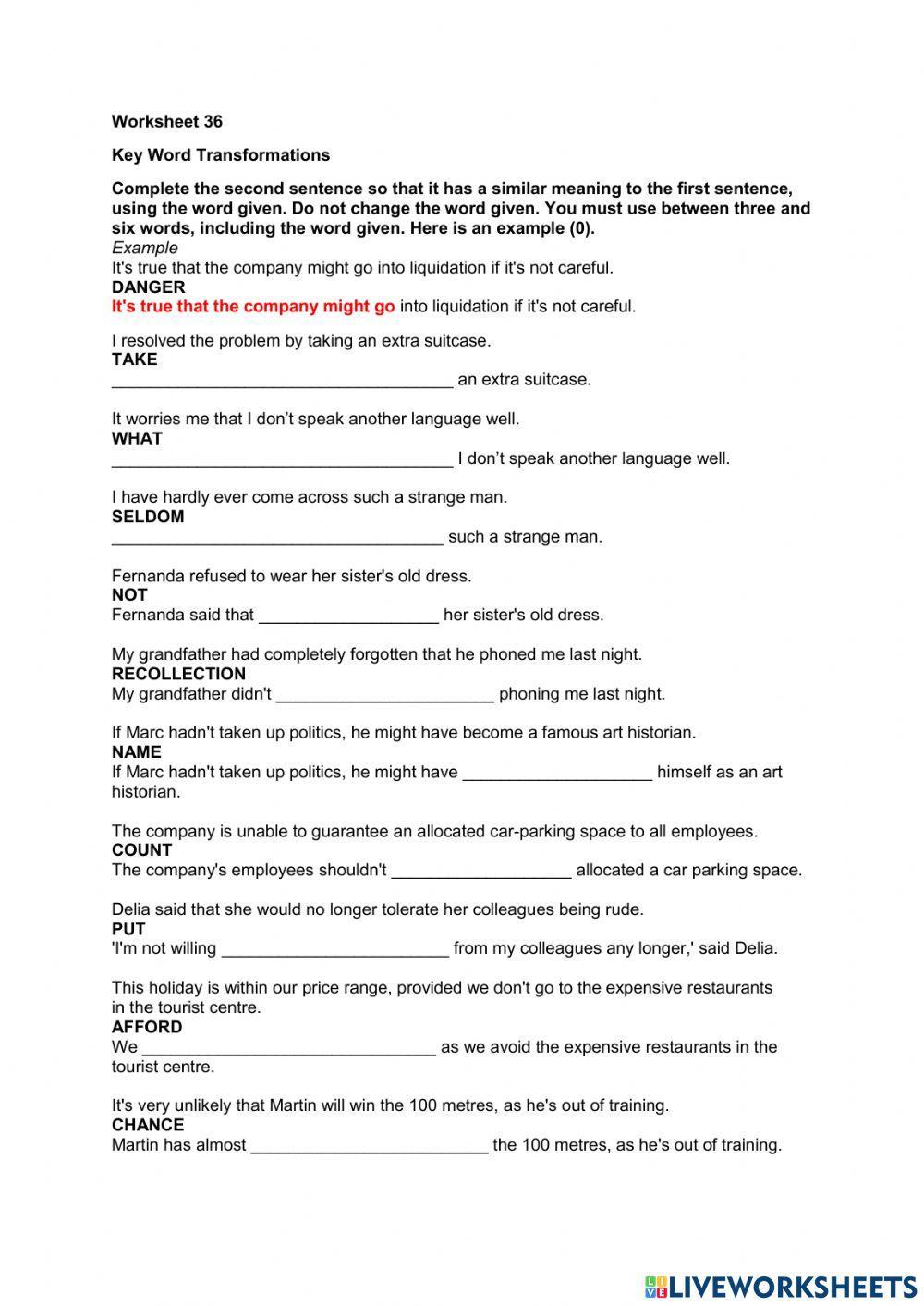 Key Word Transformation 36 worksheet | Live Worksheets