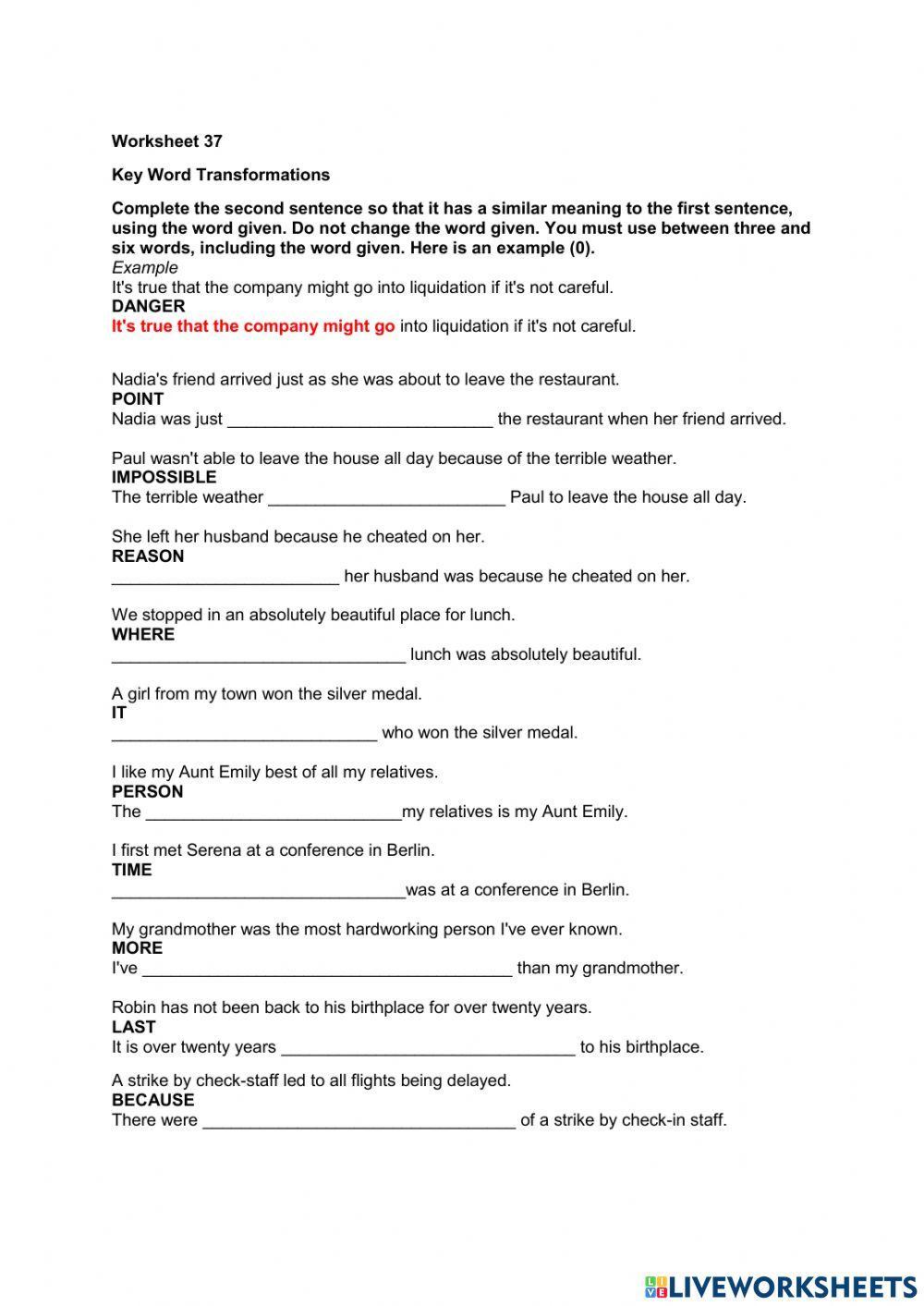 Key Word Transformation 37 worksheet | Live Worksheets