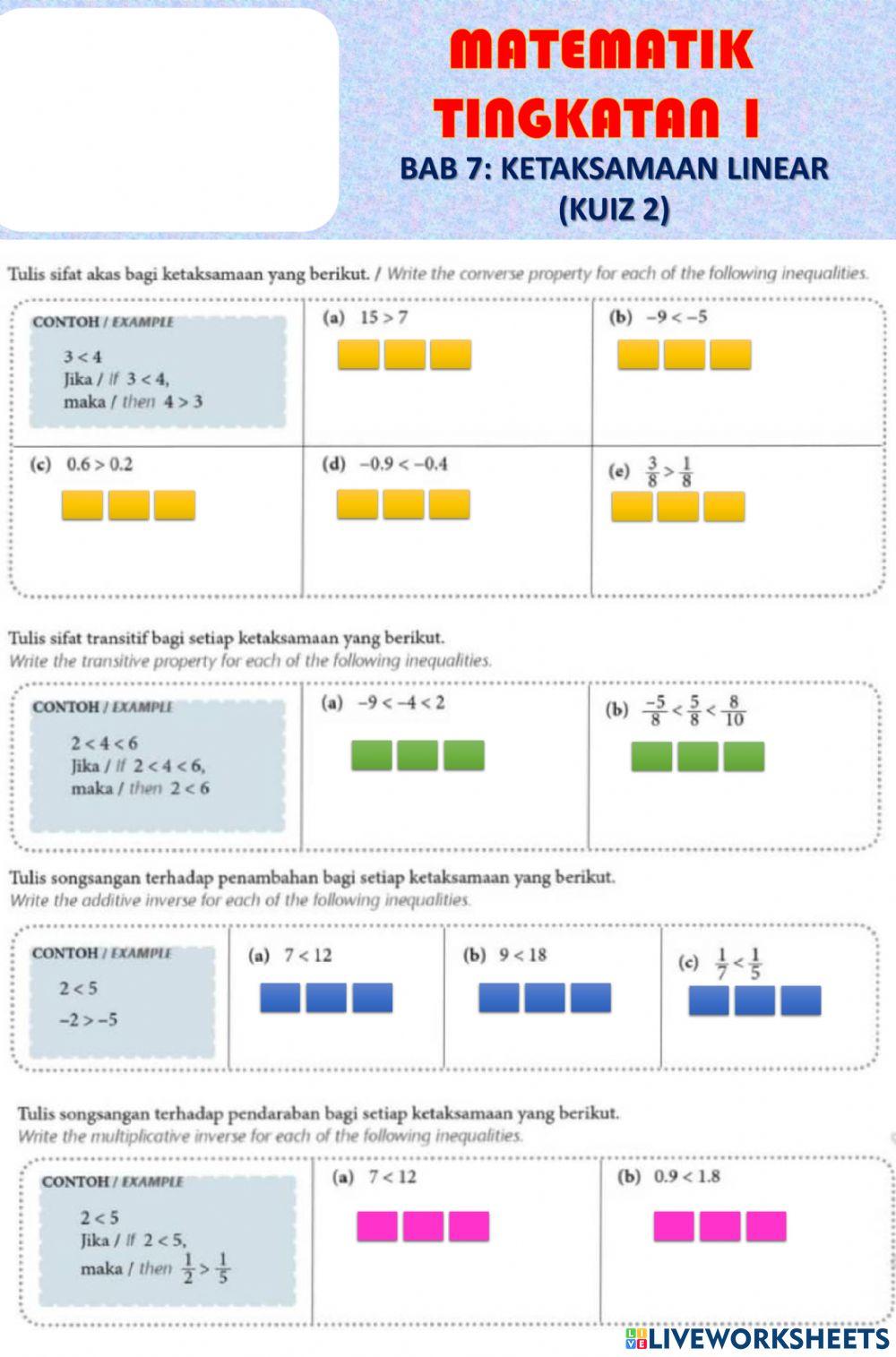 Bab 7: Ketaksamaan linear activity | Live Worksheets