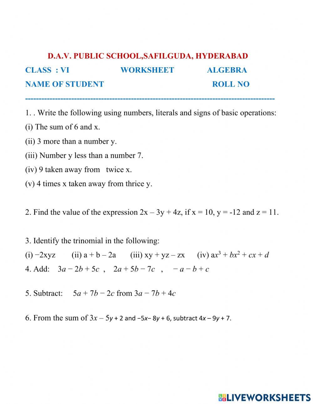 worksheet class 6 Algebra | ANITHATV | Live Worksheets