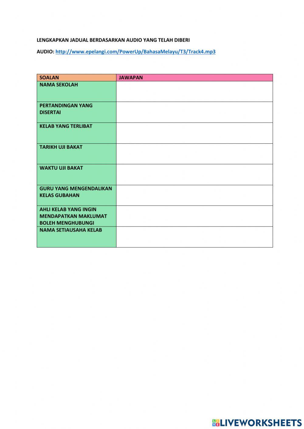 Kemahiran mendengar tema 9 worksheet | Live Worksheets