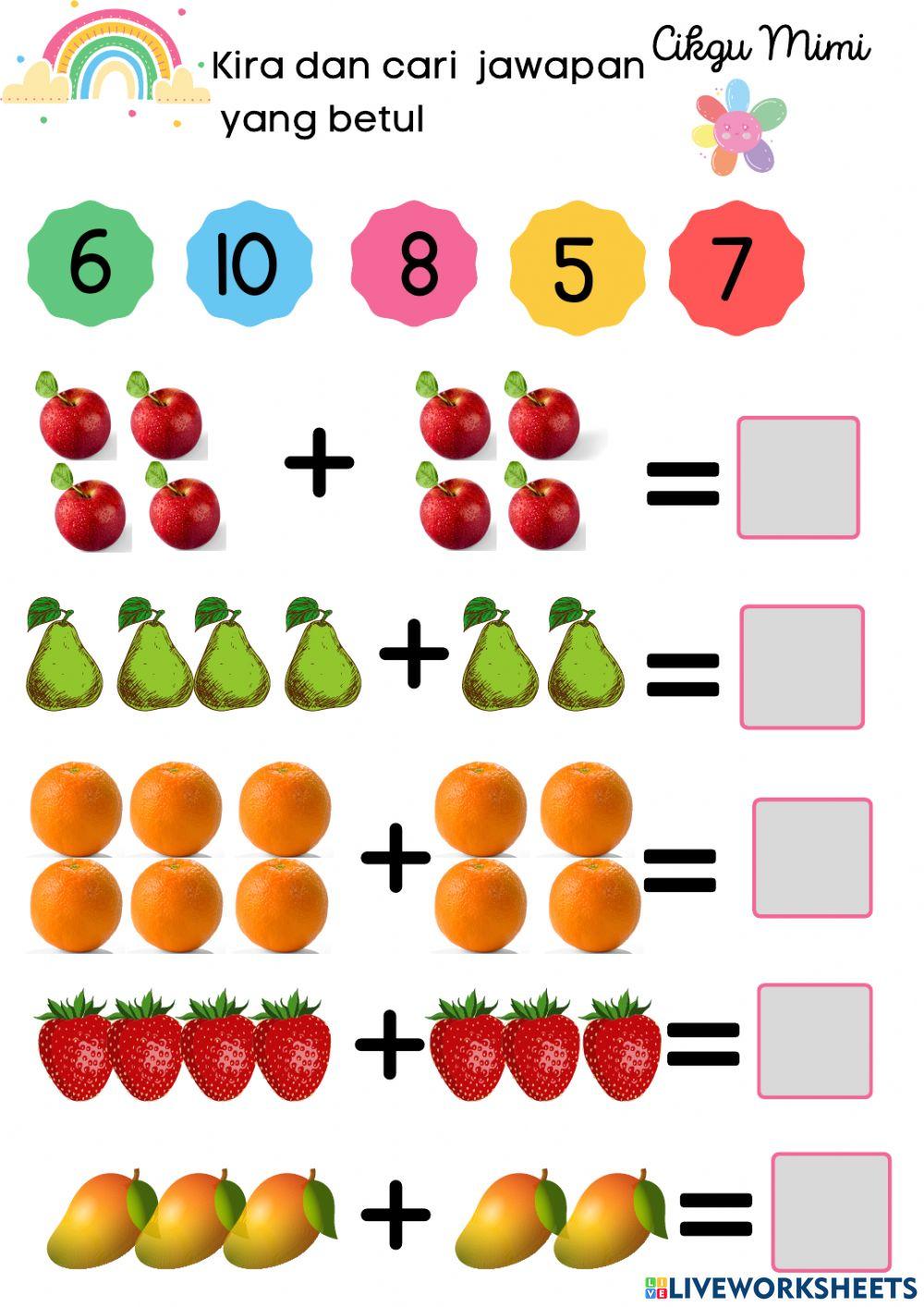 Tambah 1hingga 10 worksheet | Live Worksheets