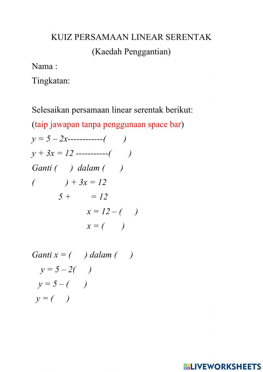 Persamaan linea… | Free Interactive Worksheets | 1218311