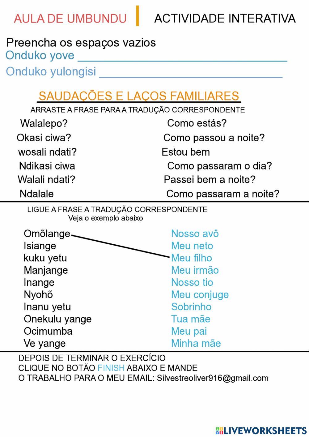 AULA INTERATIVA DE LINGUA UMBUNDU online exercise for | Live Worksheets