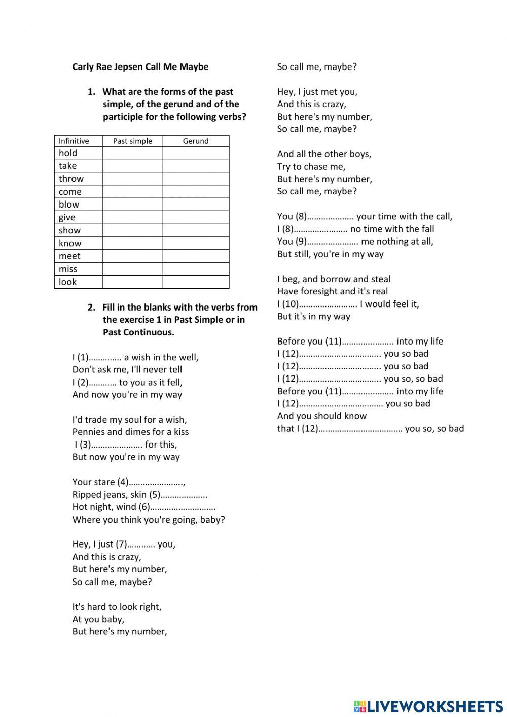 Song - Call me … | Free Interactive Worksheets | 1218718