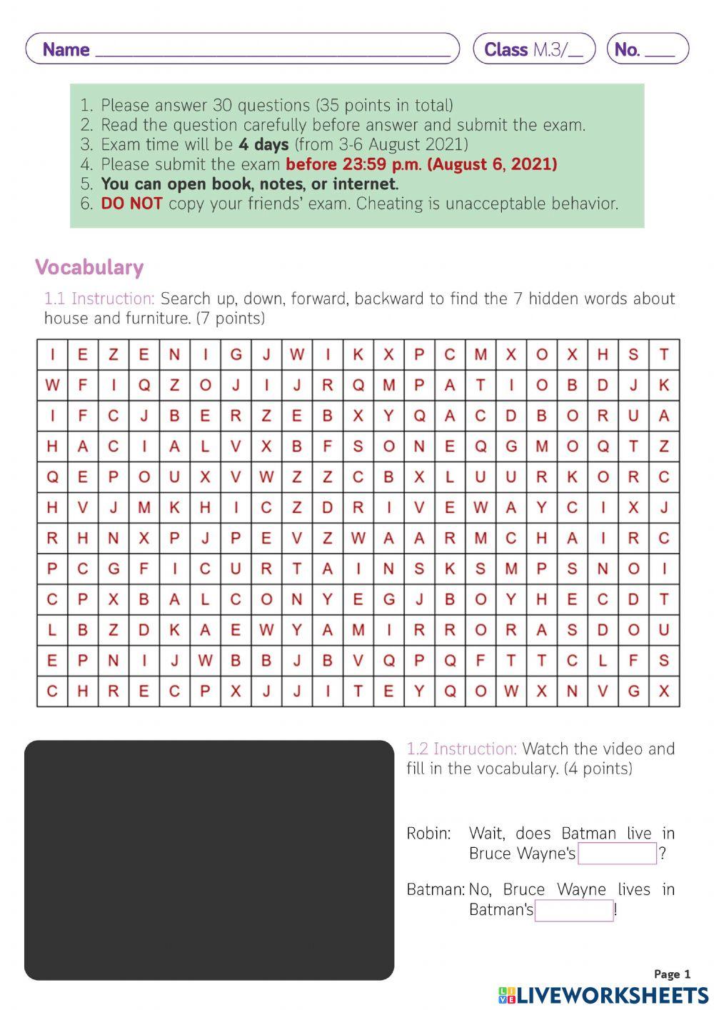 English M.3-examination worksheet | Live Worksheets