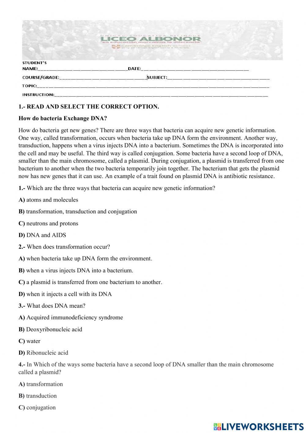 How do bacteria Exchange DNA? worksheet | Live Worksheets