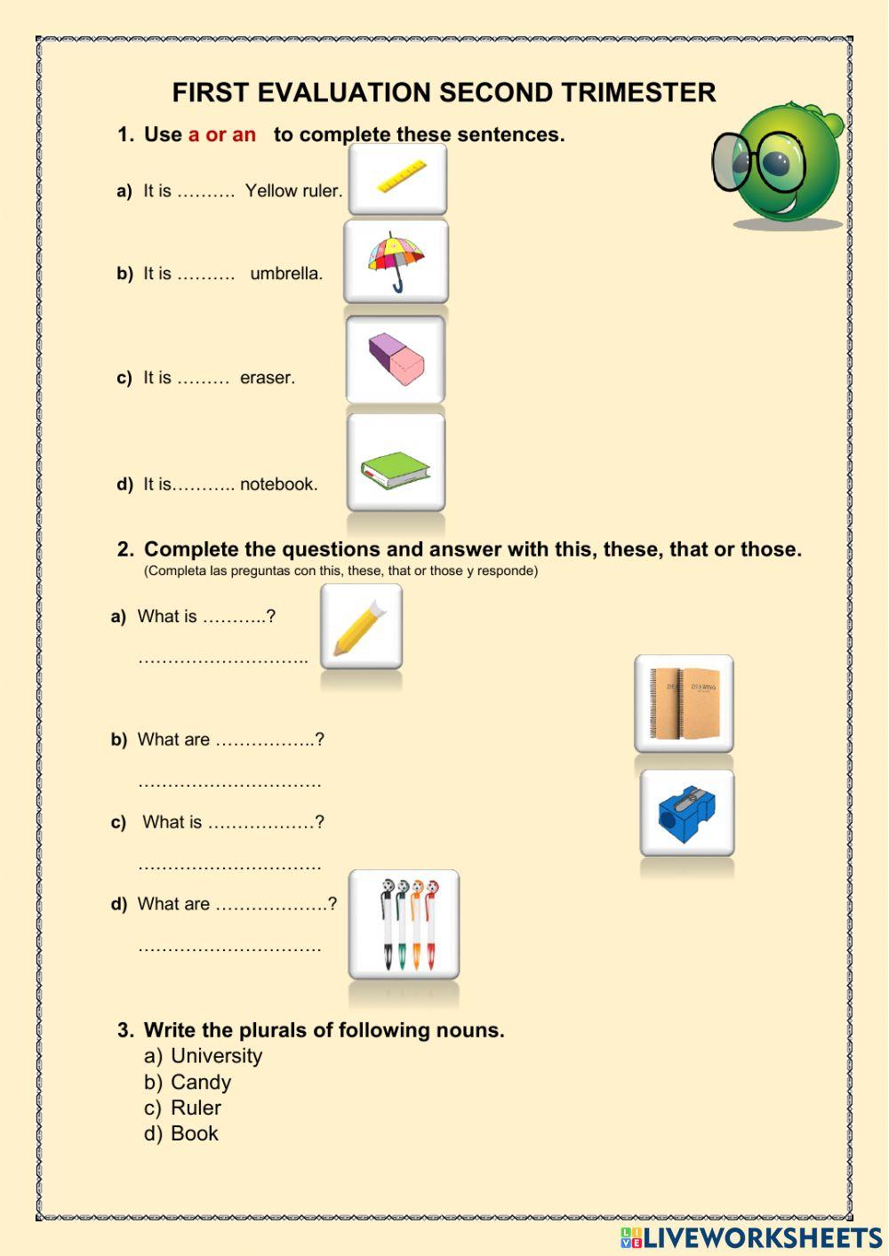 Evaluation worksheet for Grade 1 | Live Worksheets