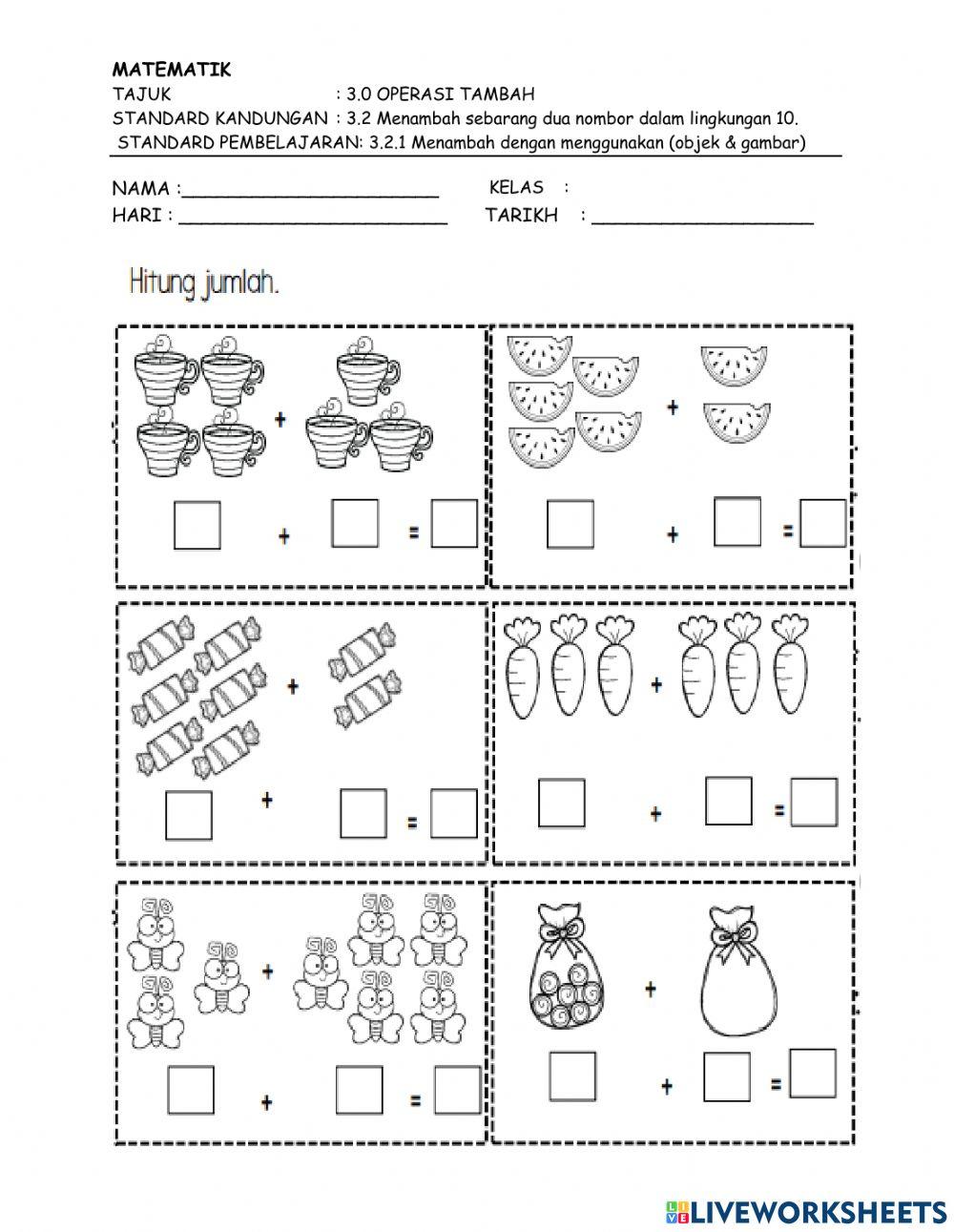 Operasi tambah lingkungan 10 worksheet | Live Worksheets