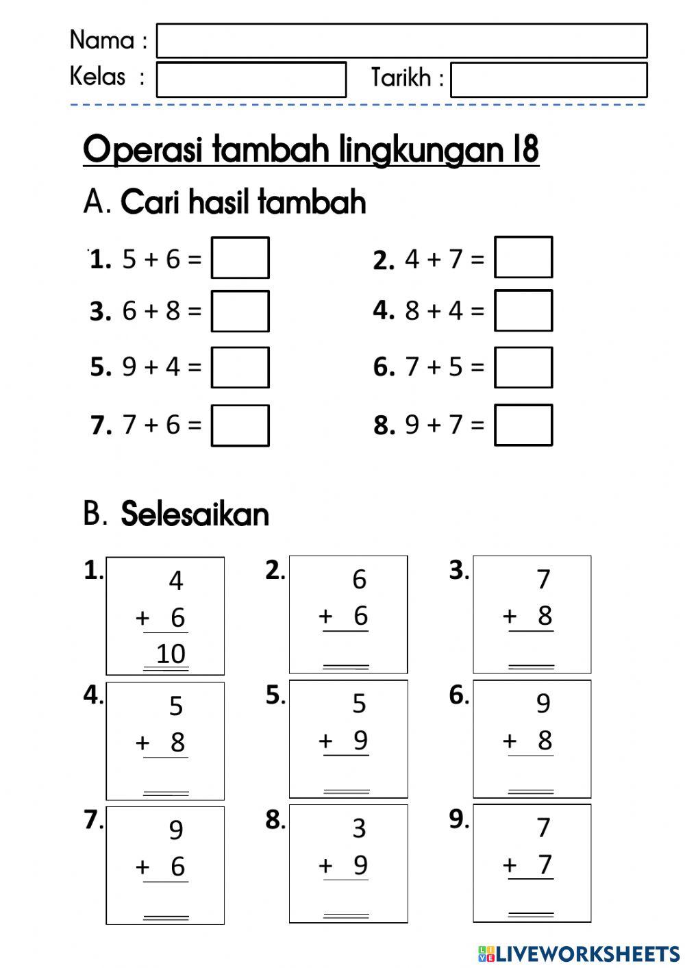 Operasi Tambah 18 worksheet | Live Worksheets