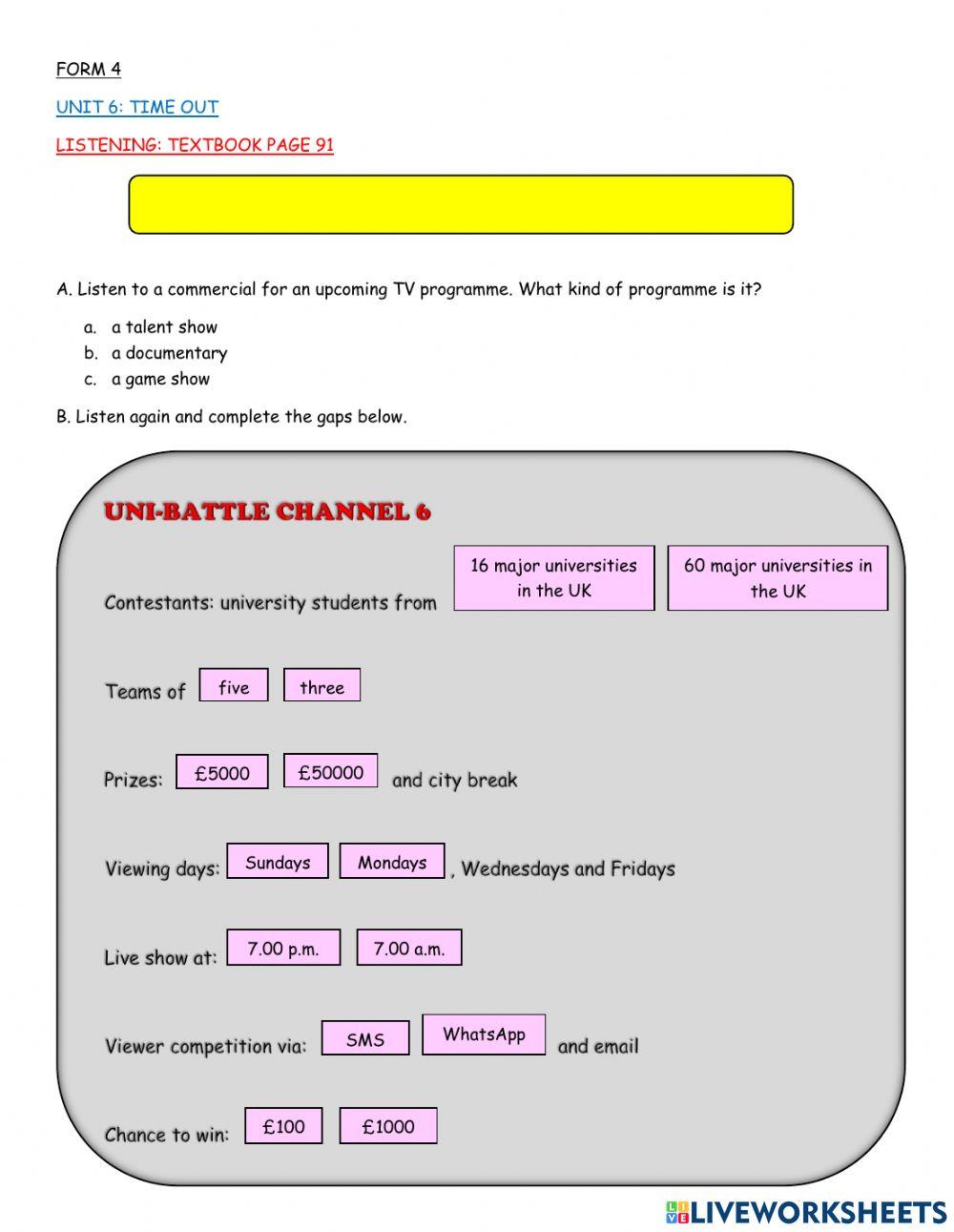 Form 4 Listening Unit 6b worksheet | Live Worksheets
