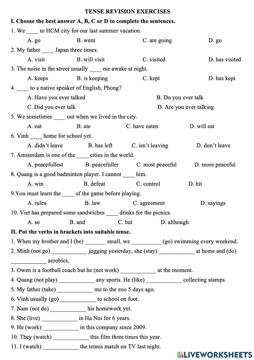 Tenses | Free Interactive Worksheets | 1248870