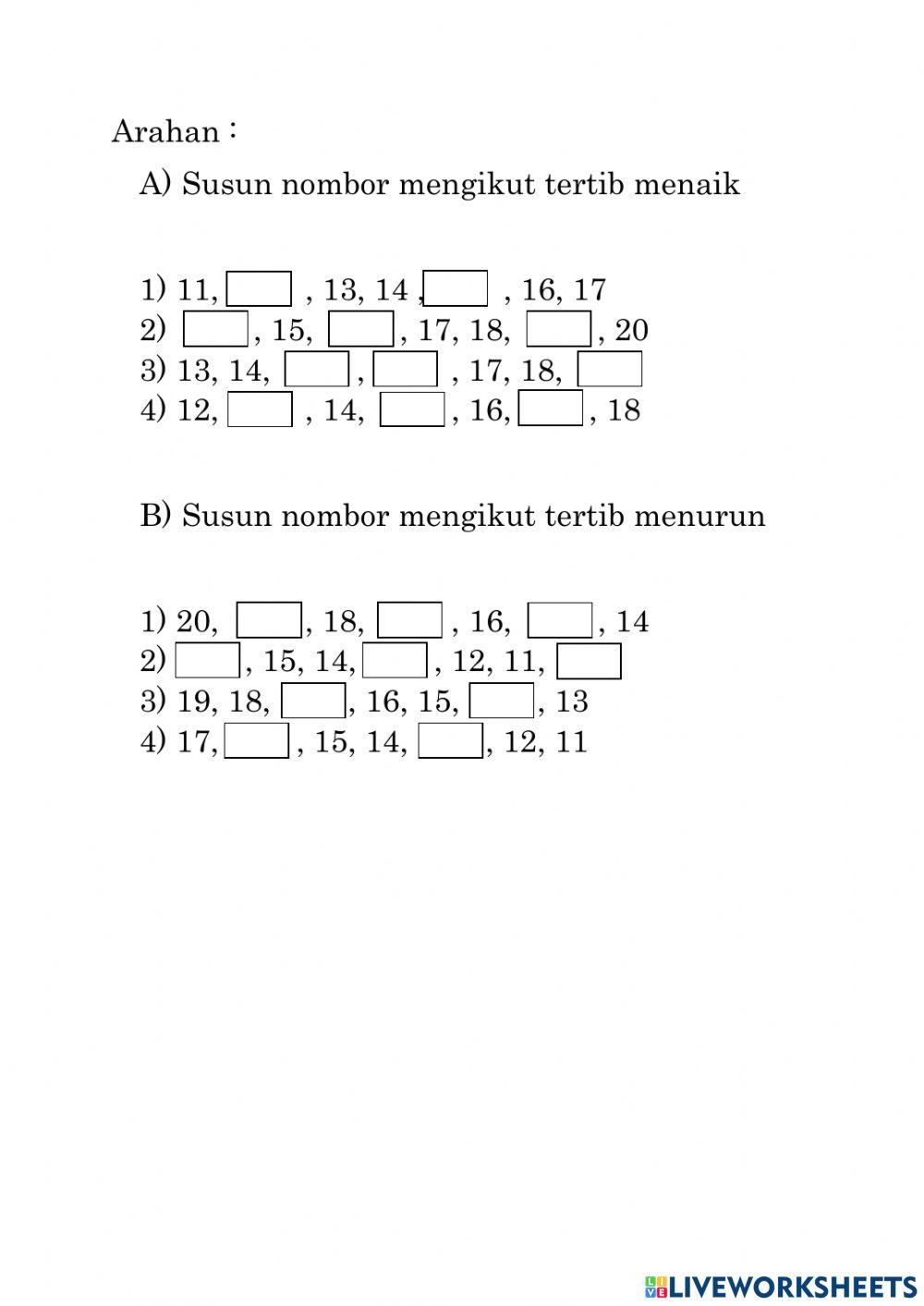 Nombor menaik dan nombor menurun worksheet | Live Worksheets