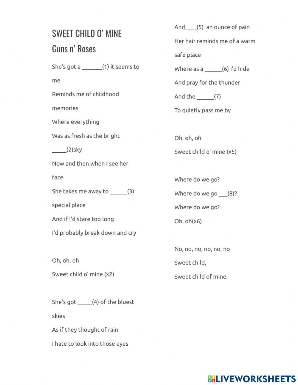 SWEET CHILD O’ … | Free Interactive Worksheets | 1249123