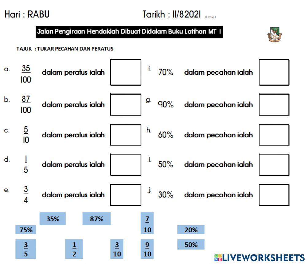 Pecahan peratus worksheet | Live Worksheets
