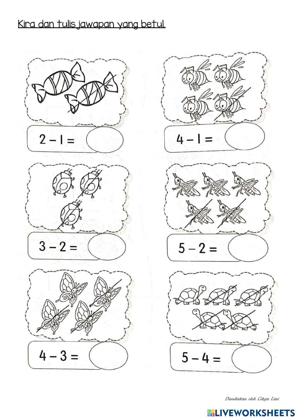 Operasi tolak online exercise for PRASEKOLAH | Live Worksheets