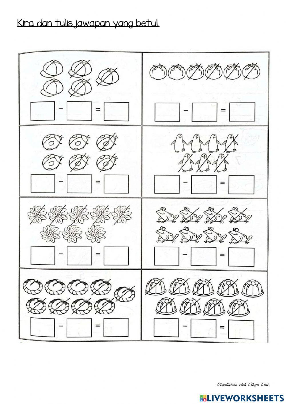 Operasi tolak online exercise for PRASEKOLAH | Live Worksheets