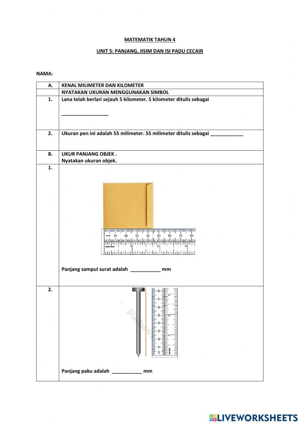Unit 5 : Panjang worksheet | Live Worksheets