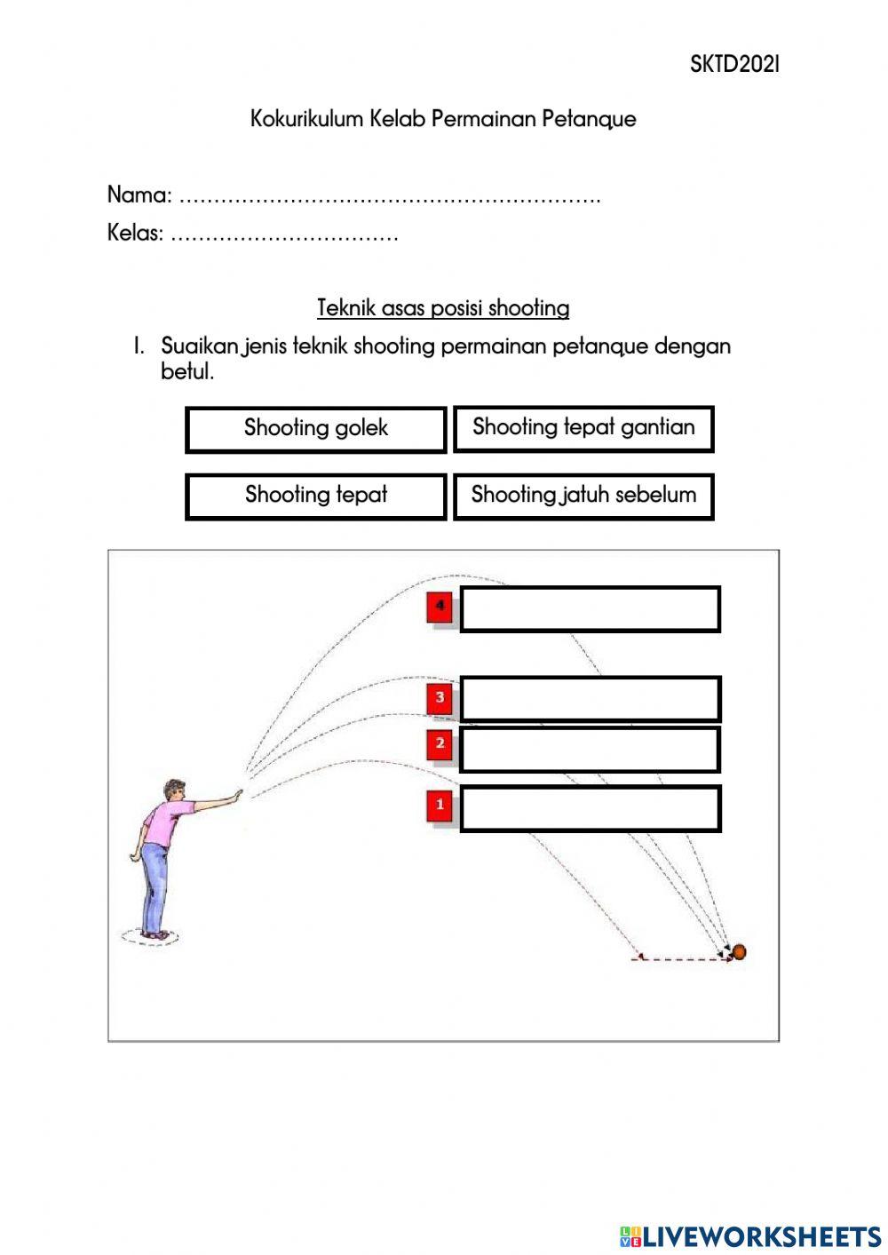 Teknik asas posisi shooting permainan petanque worksheet | Live Worksheets
