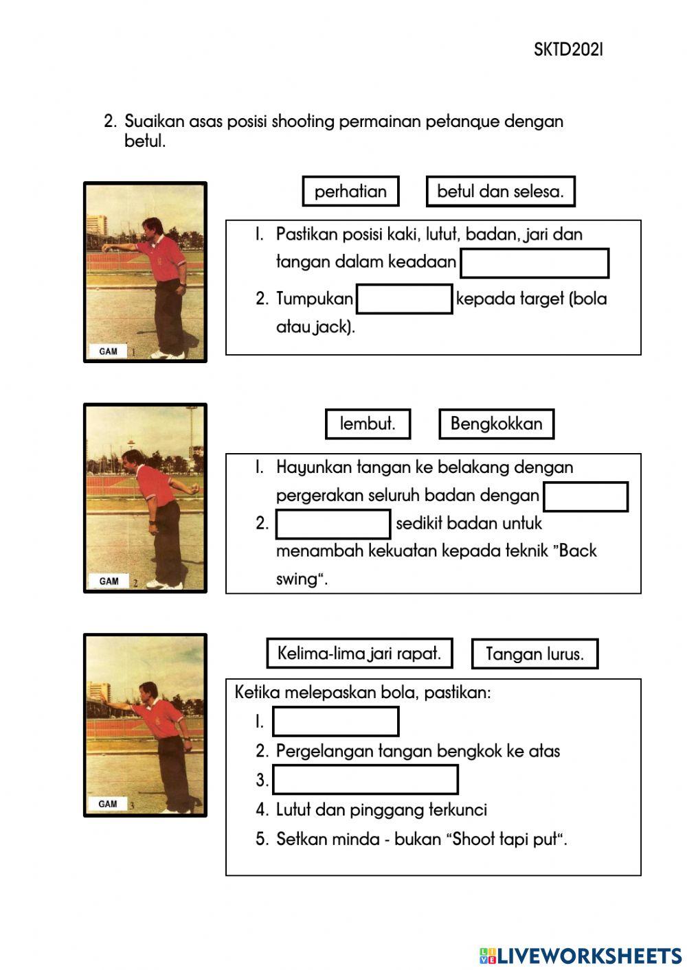 Teknik asas posisi shooting permainan petanque worksheet | Live Worksheets