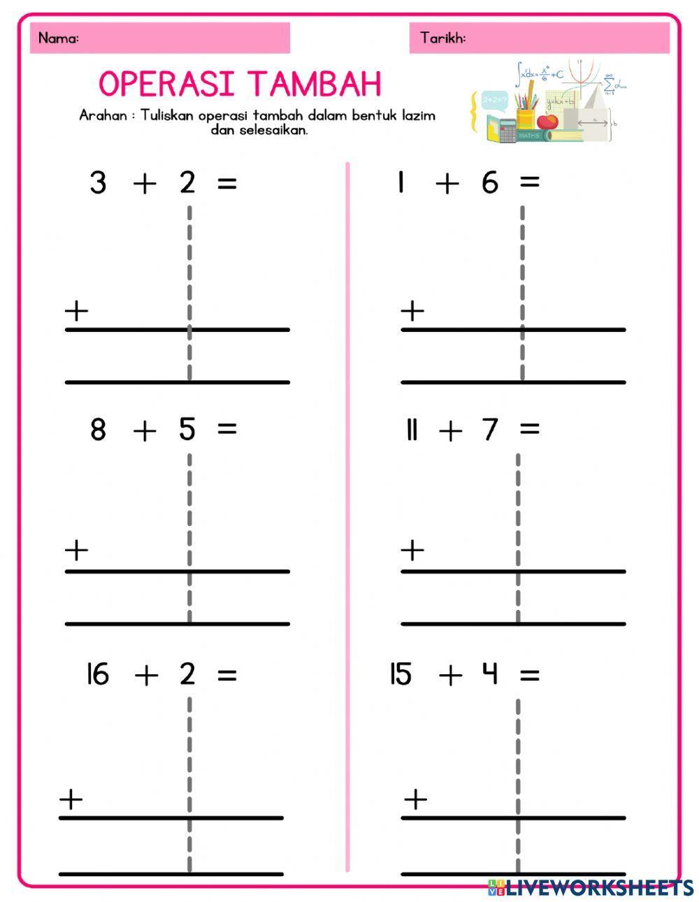 Operasi tambah ppki tahun 2 activity | Live Worksheets