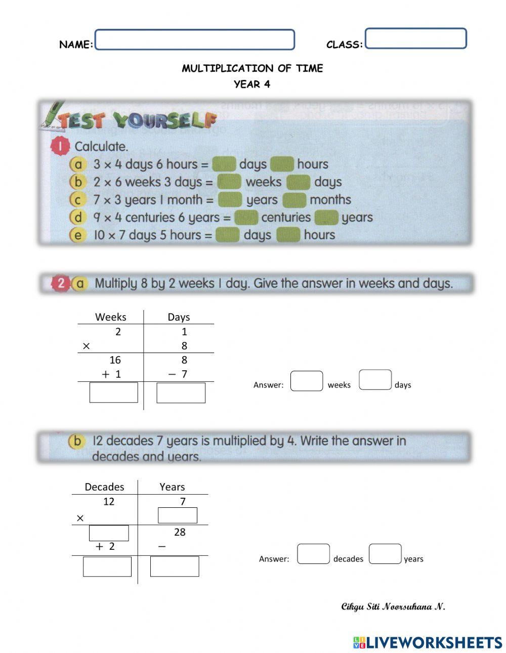 MULTIPLICATION OF TIME YEAR 4 online exercise for | Live Worksheets